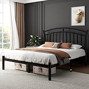 Feonase Queen Black Bed Frame, Heavy-duty Metal Bed Frame with 13 Hardened Steel Slats, 12" Under-Bed Storage, Noise-Free, Easy Assembly