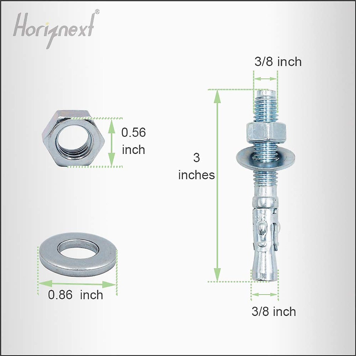 Horiznext 3/8" x 3 inch Wedge Anchor, Fastener for Cement and Concrete only, Heavy Duty zinc-Plated Carbon Steel Screw Bolt nut Expansion Head kit to Drill Wall (30 pcs)