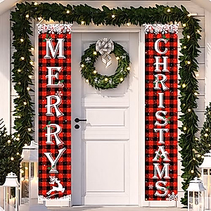DAZONGE Christmas Decorations, Red Black Buffalo Plaid Merry Christmas Banners, Hanging Vintage Xmas Front Door Porch Sign, Winter Yard Outdoor Indoor Decor