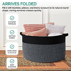 Organizix XXXXL Large Round Cotton Rope Storage Basket Bin Organizer Laundry Hamper with Handles, 21 x 21 x 14, Extra Large Blanket Woven Toy Basket, Black/Black