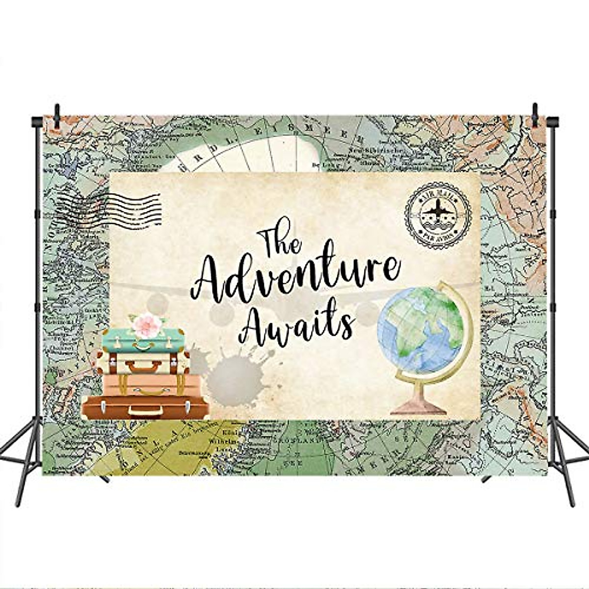 Mocsicka Adventure Awaits Backdrop You'll Go Baby Shower Photo Backdrops World Map Photography Background Vinyl Adventure Begins Travel Airplane Photo Banner (7x5ft)