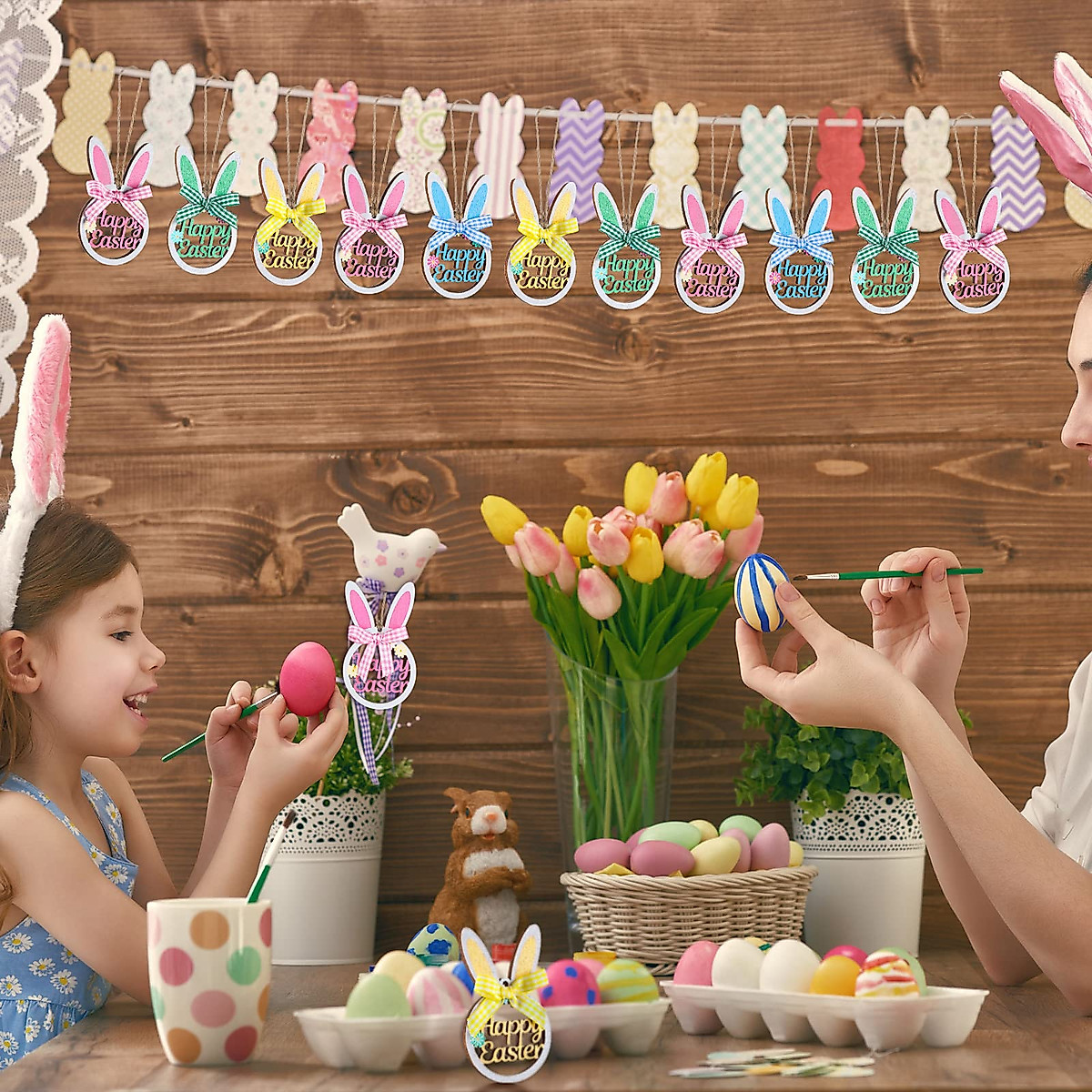 16 Pieces Easter Rabbit Tree Ornament Wooden Hanging Bunny Ornaments with Plaid Bow and Rope Wood Hollowed Out Easter Ornaments Cute Spring Hanging Decorative for Home Garden Decor (Bunny Ears Style)