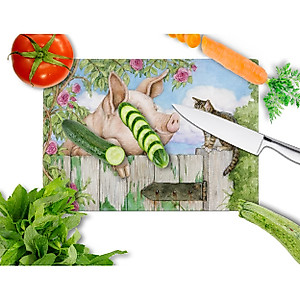 Caroline's Treasures CDCO0349LCB Pig at the Gate with the Cat Glass Cutting Board Large Decorative Tempered Glass Kitchen Cutting and Serving Board Large Size Chopping Board