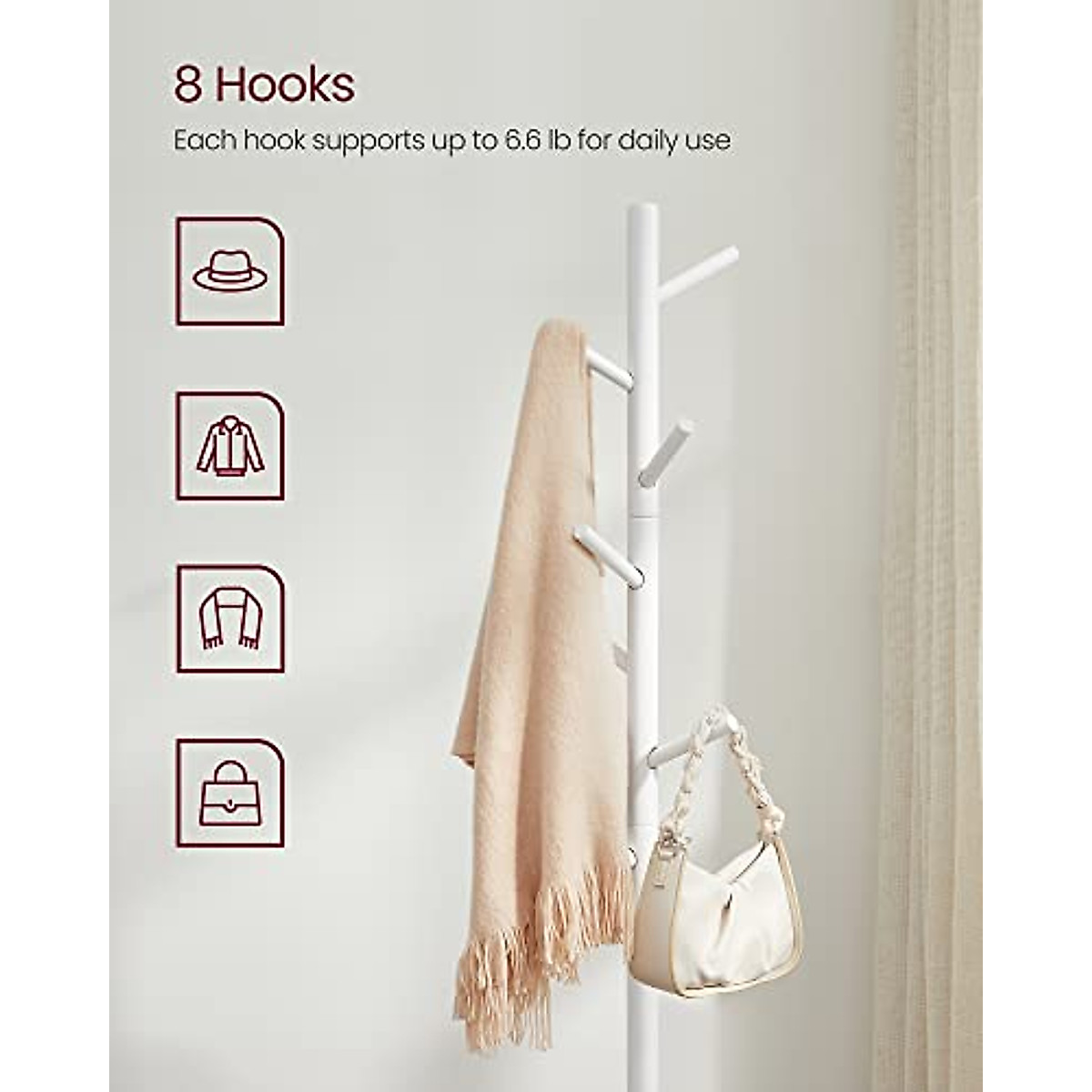 VASAGLE Solid Wood Coat Rack, Free Standing Coat Rack, Tree-Shaped Coat Rack with 8 Hooks, 3 Height Options, for Clothes, Hats, Bags, for Living Room, Bedroom, Home Office, White URCR04WT