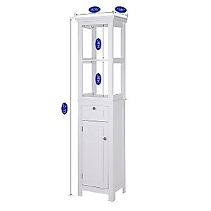 Spirich Home Bathroom Freestanding Storage Cabinet with Two Tier Open Shelves, Tall Slim Cabinet with Door and Drawer, Floor Linen Tower (White)