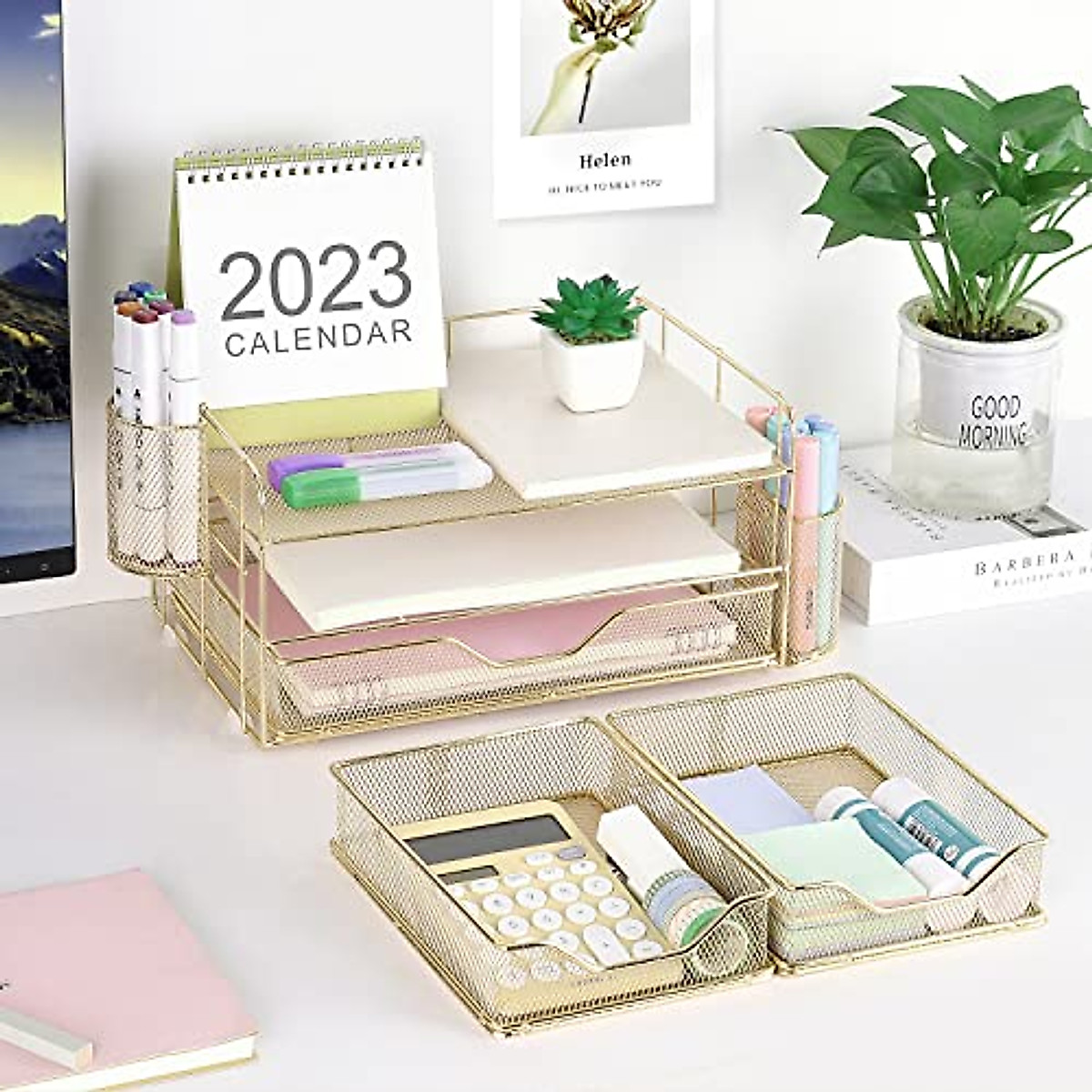 gianotter 3 Tier Desk Drawer Organizer, Office Desk Organizers and Accessories with 2 Pen Holder, Desk Accessories & Workspace Organizers for Home Office Supplies (Gold)