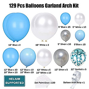 Blue Balloons Arch Garland Kit, 129Pcs Blue White Silver Confetti Balloons For Birthday Baby Shower Engagement Wedding Anniversary Party Decorations