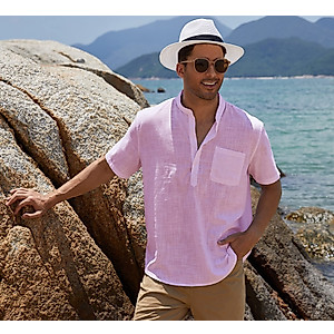 COOFANDY Men's Cotton Linen Henley Shirt Short Sleeve Hippie Casual Beach T-Shirts with Pocket Pink