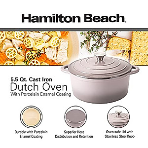 Hamilton Beach Enameled Cast Iron Dutch Oven 5.5-Quart Gray, Cream Enamel Dutch Oven Pot with Lid, Cast Iron Dutch Oven with Even Heat Distribution, Safe Up to 400 Degrees, Durable