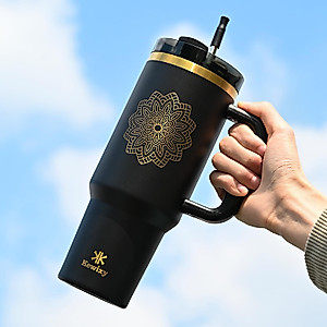 KEWIXY 40 oz Tumbler With Handle and Straw, Gloss Insulated Travel Tumbler, Fits in Cup Holder, Travel Coffee Mug with Lid, Included Leak Proof Straw Cover -Petal Focus