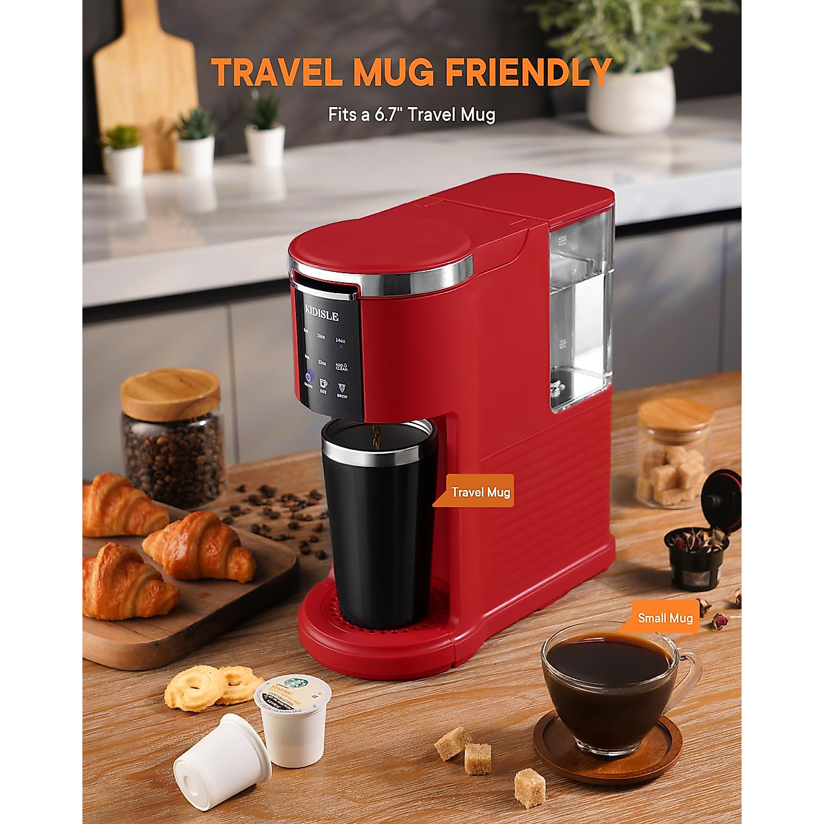KIDISLE Single Serve Coffee Machine, 3 in 1 Pod Coffee Maker for K Cup Pods & Ground Coffee & Teas, 6 to 14oz Brew Sizes, with 40oz Removable Water Reservoir, Descale Settings, Red