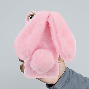 Plush Bunny Case for New SE 2, Adorable Fluffy Plush Faux Rabbit Fur Protective Case for girl, Cute Furry Soft Stuffed Plush Animal Cover for 7/8/SE 2020 (pink)