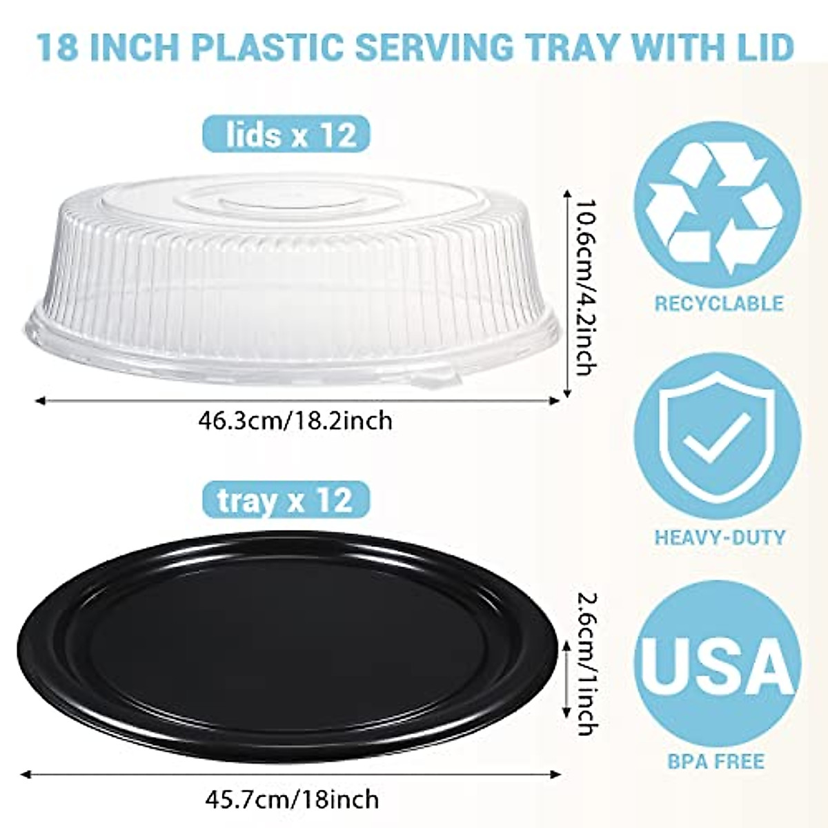 12 Pieces Serving Trays with Lid 18 Inch Plastic Party Platters with Lids Heavy Duty Black Round Food Tray Large Stackable Plastic Catering Trays for Serving Appetizers Veggie Takeout Food Picnic