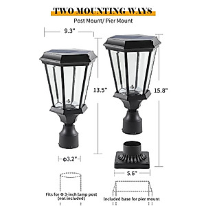 VOCLDFA Solar Post Light, Dusk to Dawn Sensor Pillar Light Fixture 15.8"H, Waterproof LED Exterior Lamp Post Lantern, Aluminum Outdoor Post Light, Pole Lanterns Outdoor with 3-Inch Pier Mount Adapter