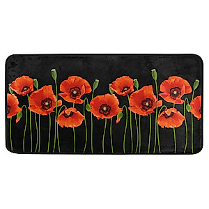 AGONA Anti Fatigue Kitchen Mat Red Poppy Flower in Black Kitchen Floor Mat Soft Standing Mats Absorbent Area Rugs Non Slip Kitchen Rugs Bath Rug Runner Carpet for Home Decor Indoor Outdoor
