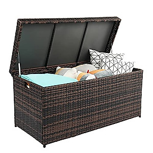 VINGLI Upgraded Version 136 Gallon Outdoor Storage Box, Patio Rattan Deck Box, Wicker Storage Bench for Indoor, Outdoor, Pool, Balcony, Yard, Garden – Dark Brown