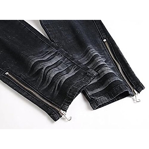 HENGAO Mens Cargo Jeans Ripped Skinny Slim Fit Stretch Jeans, Distressed Destroyed Straight Denim Pants with Pockets, 1755 Black, 40