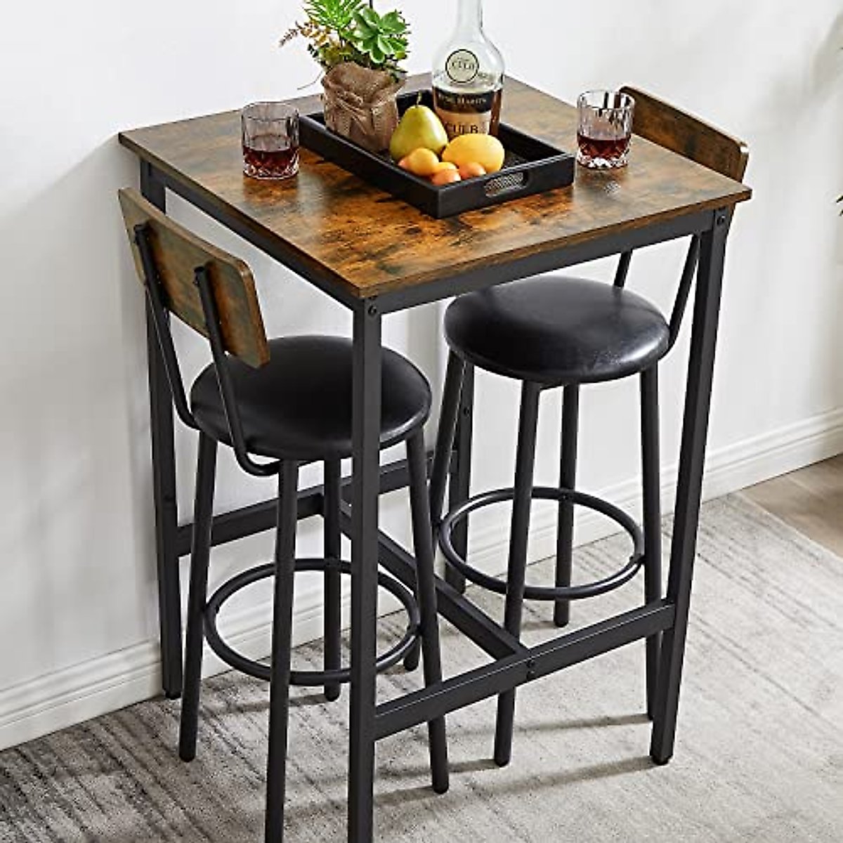 KIVENJAJA Bar Table and Chairs Set for 2, 3-Piece Small Square Pub Bistro Table and Upholstered Stools with Backrest, Counter Height Dining Table Set for Kitchen Small Space, Rustic Brown
