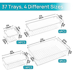 Vtopmart 37 PCS Clear Plastic Drawer Organizers Set, 4-Size Versatile Bathroom and Vanity Drawer Organizer Trays, Storage Bins for Makeup, Jewelries, Kitchen Utensils and Office