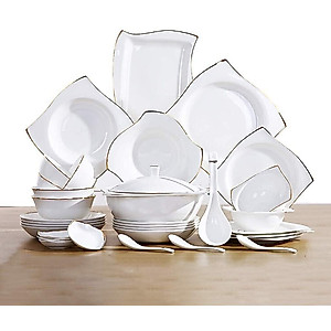 Porcelain Plate and Bowl Set,Dinnerware Set for Home or Special Restaurant, Ceramics Dinnerware Set with 48-Piece, Bowl/Dish/Soup Pot/Spoon|Bone China Dinner Sets, Gold Pattern Porcelain Combination