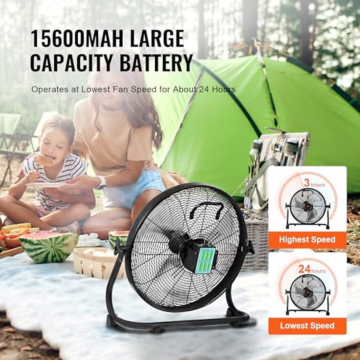 VEVOR 16'' Rechargeable Floor Fan, Portable Quiet Personal Fan for Home or Office, 360 Degree Manual Pivoting Head, Stepless Speed Regulation High Velocity, Heavy Duty Metal Industrial Cordless Fans