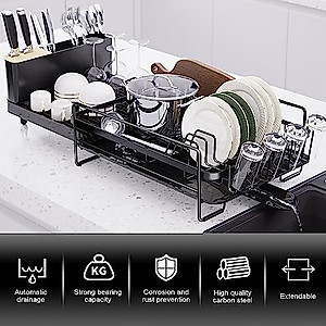 Runnatal Large Dish Drying Rack with Drainboard Set, Extendable Dish Rack, Utensil Holder, Cup Holder, Expandable Dish Drainer for Kitchen Counter