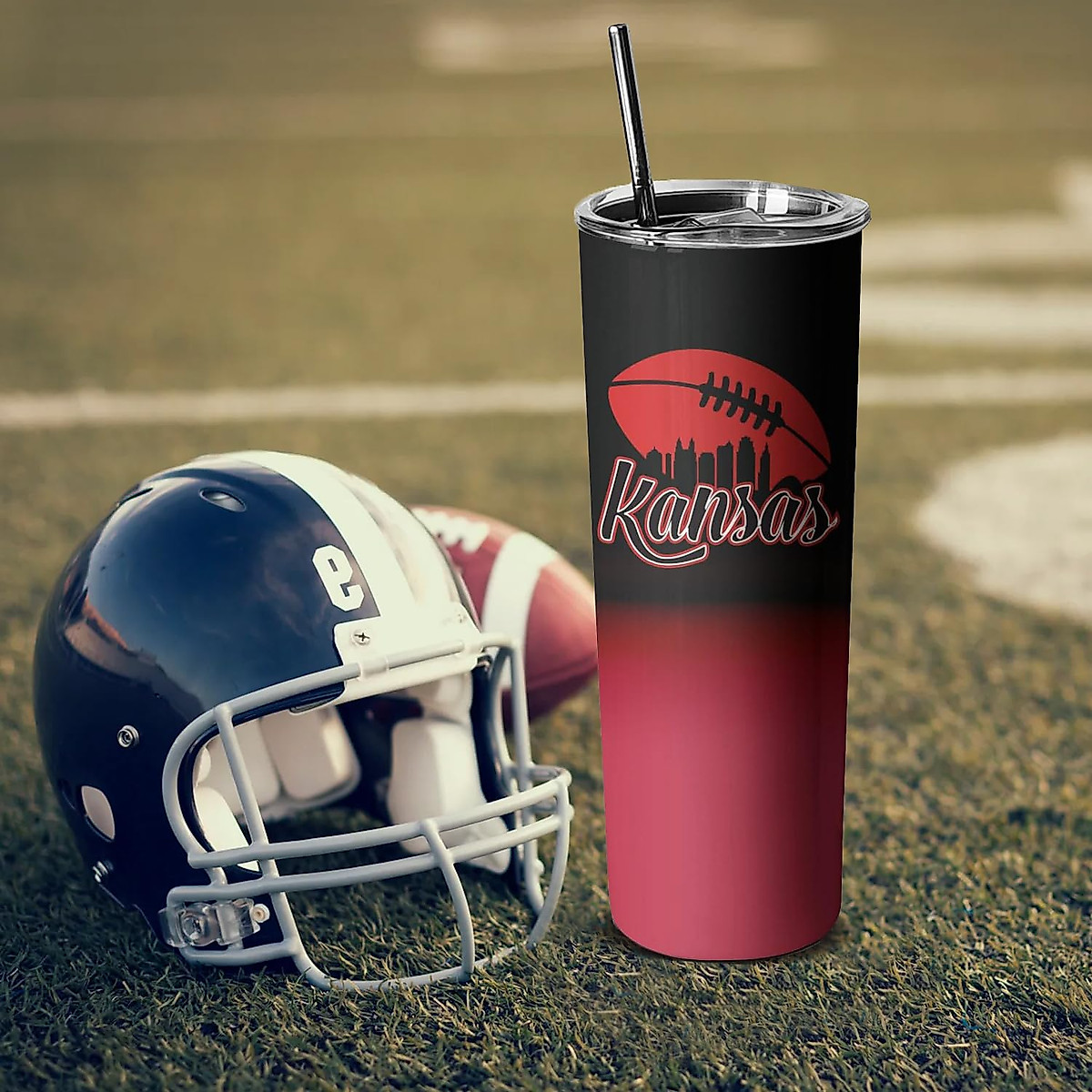 kansas Classic Stainless Steel Tumbler with Lid and Straw, City Football Fans Gifts,20oz Football Team Skinny Travel Mug Tumbler Cup Water Botter