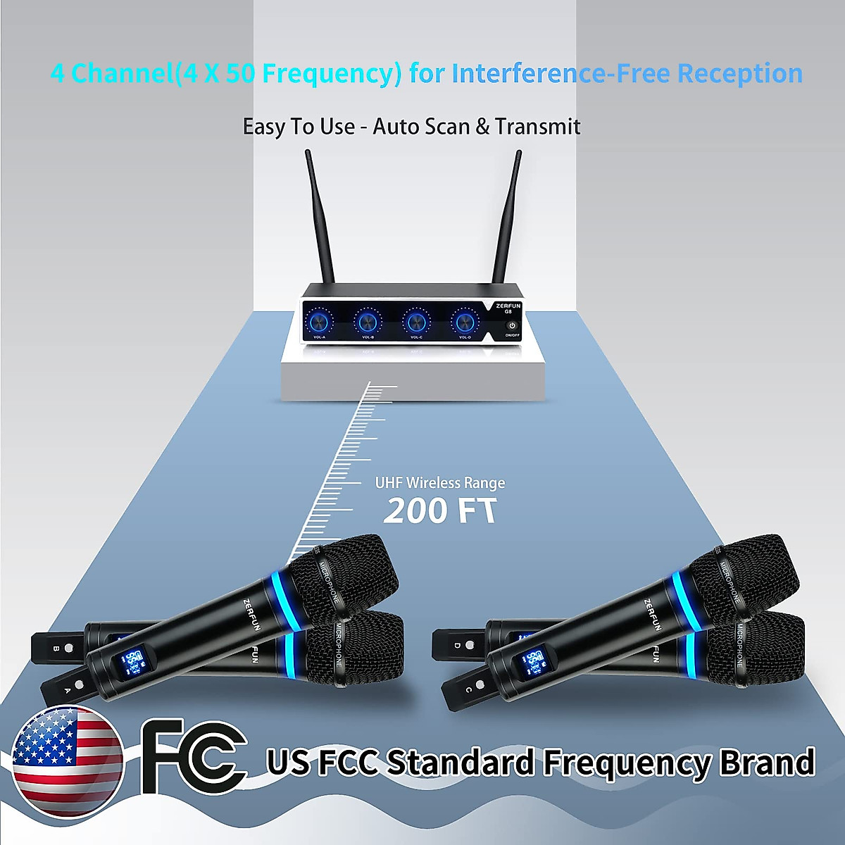 ZERFUN 4 Channel Rechargeable Wireless Microphone System, Pro UHF Metal Handheld Wireless Microphones Cordless Mics for Karaoke Singing Church with VOL Control, 4x50 Adjustable Frequency(G8)