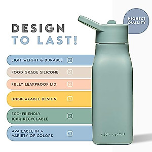 Neon Kactus Silicone Kids Bottle | Kids Water Bottle with Straw and Carry Handle for School, Travel, Sports | Drinking Bottle for Girls and Boys | BPA-Free, Dishwasher-Safe | Happy Camper, 340ml