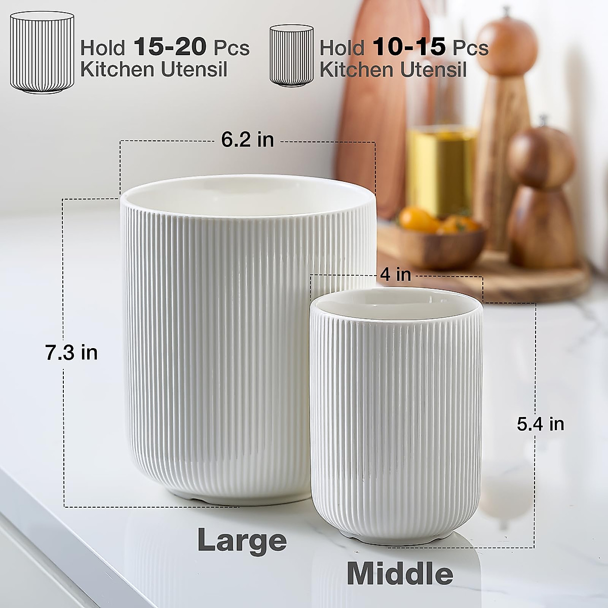 Mfacoy Large Kitchen Utensil Holder Set of 2, 7.3" + 5.4" Ceramic Cooking Utensil Holder for Countertop, Large Utensils Crock for Kitchen Counter, Utensil Storage Organizer for Spatula, Kitchen Decor