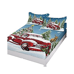 Full Size Fitted Sheet Bed Set Winter Christmas Farm Red Truck Deep Pocket Soft Bottom Sheets&Pillowcases for Bedroom Decor Snowflake Xmas Tree on Blue,Fits Mattress Up to 16" Deep