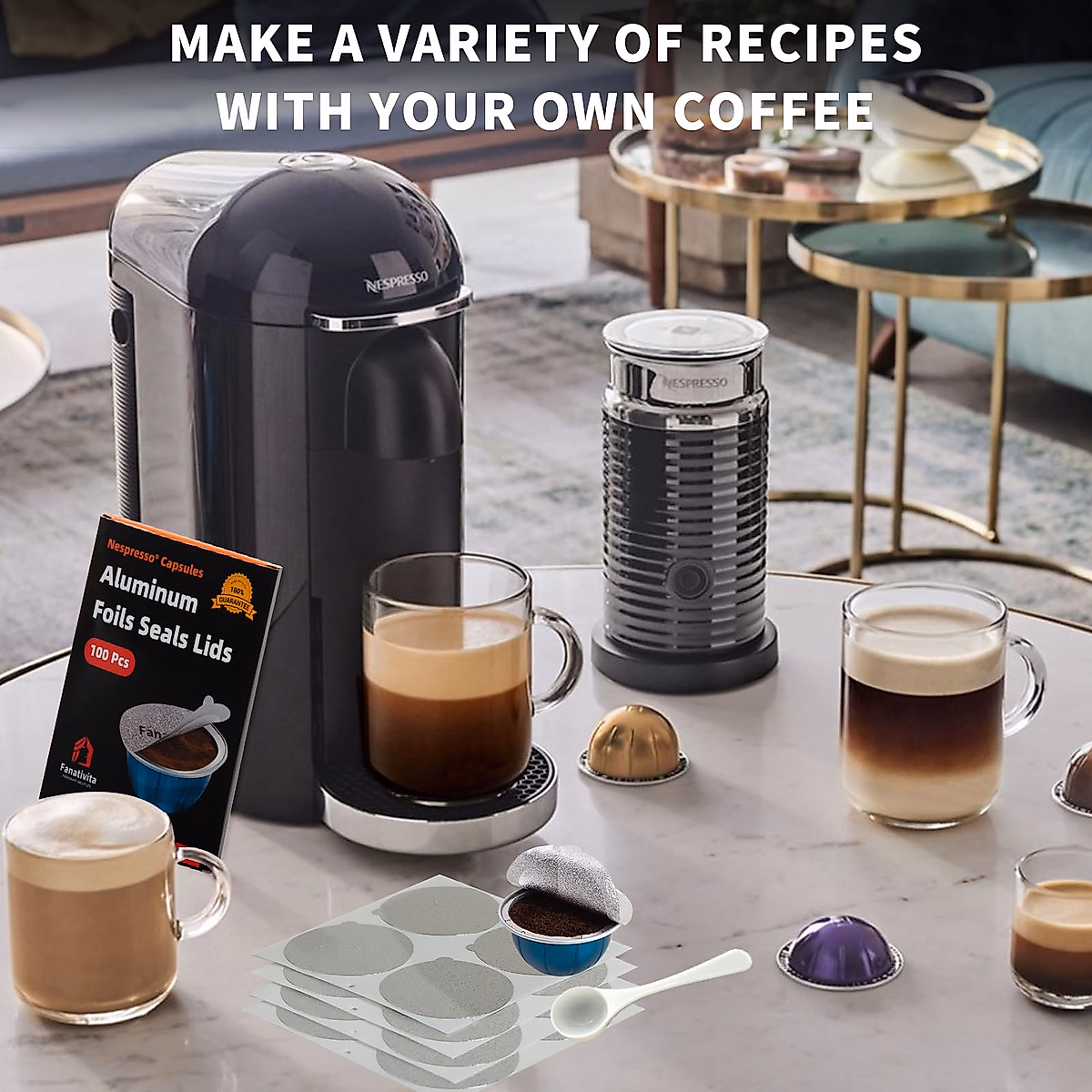 Fanativita Universal Aluminum Foil Seal Lids for Nespresso Pods Vertuo, Compatible with Nespresso Vertuo Reusable Pods, 100Pcs Coffee Pods Covers (62mm)