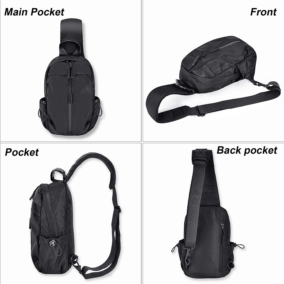 Qtittu Small Sling Bag Crossbody Backpack for Men Women Adjustable Strap Black Waterproof Shoulder Chest Daypack for Hiking Travel Commuting