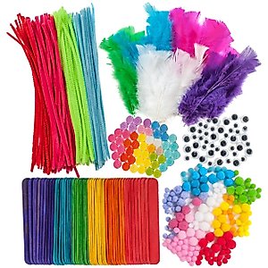 Crafts Supplies Mega Pack - Includes Feathers. Craft Buttons, Pom Poms, Colored Popsicle Sticks, Googly Eyes, and Chenille Stems
