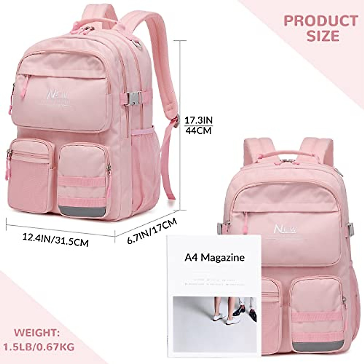 El-fmly Big School Backpack Bookbag for Teen Students, Multi Pockets Water Resistant Casual Daypack with 15.6 inch Laptop pocket for Travel (Pink)