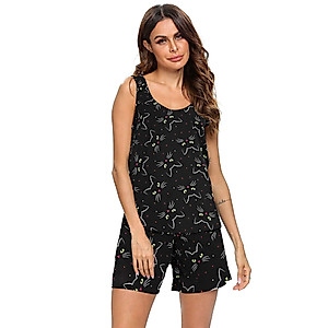 ENJOYNIGHT Womens Pajamas Set Cute Sleeveless Print Tank and Shorts Pj Set Summer Sleepwear (Medium, Black Cat)