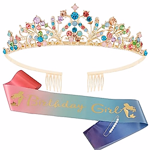Vovii Birthday Sash and Tiara for Girl Birthday Girl Colorful Sash and Rhinestone Multi-Color Tiara Set Birthday Decoration Headband for Girl Hair Accessories for Birthday Party