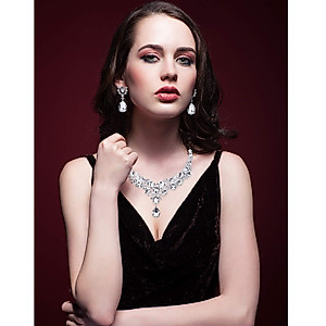 Hicarer Bridal Teardrop Cluster Crystal Jewelry Set for Women Necklace Earrings Wedding (Silver)