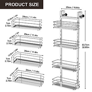 Orimade Adjustable Hanging Over the Shower Door Caddy,Bathroom Organizer Shelf Storage with 4 Hooks for Razor,No Drilling Rustproof Shower Rack Basket, 4 Tier, Silver