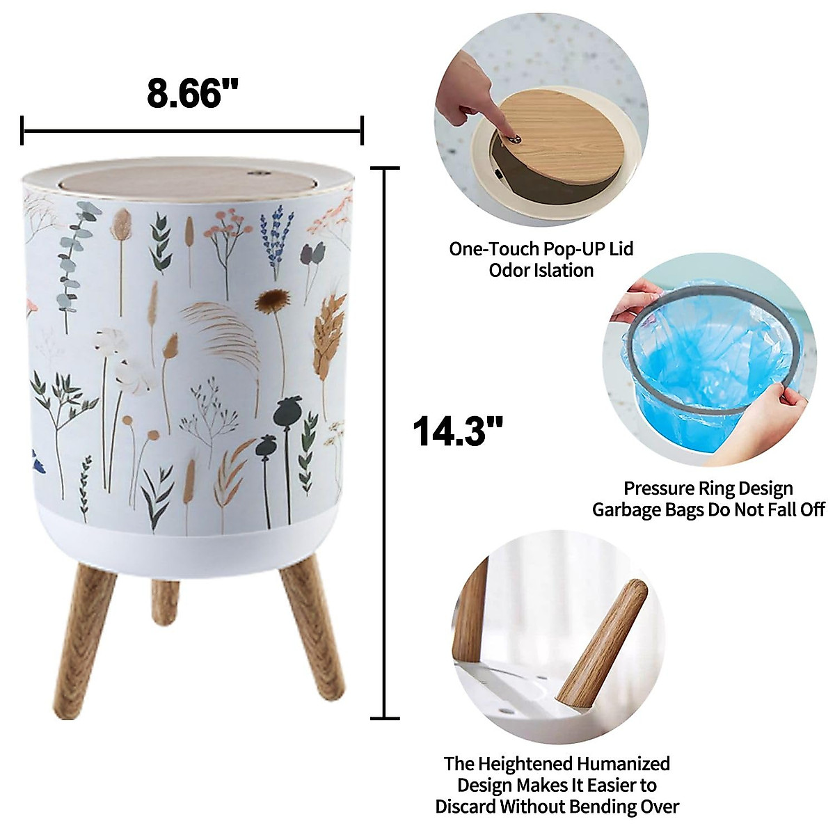 Small Trash Can with Lid for Bathroom Kitchen Office Diaper set boho plants Beautiful wild flowers Collection floral elements Bedroom Garbage Trash Bin Dog Proof Waste Basket Cute Decorative