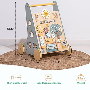 ROBUD Wooden Baby Walker, Baby Push Walker with Activity Center and Storage for Boys and Girls Learning to Stand and Walk