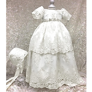 Newdeve Long Baptism Dresses for Baby Girls Christening Gowns Toddler with Bonnet White