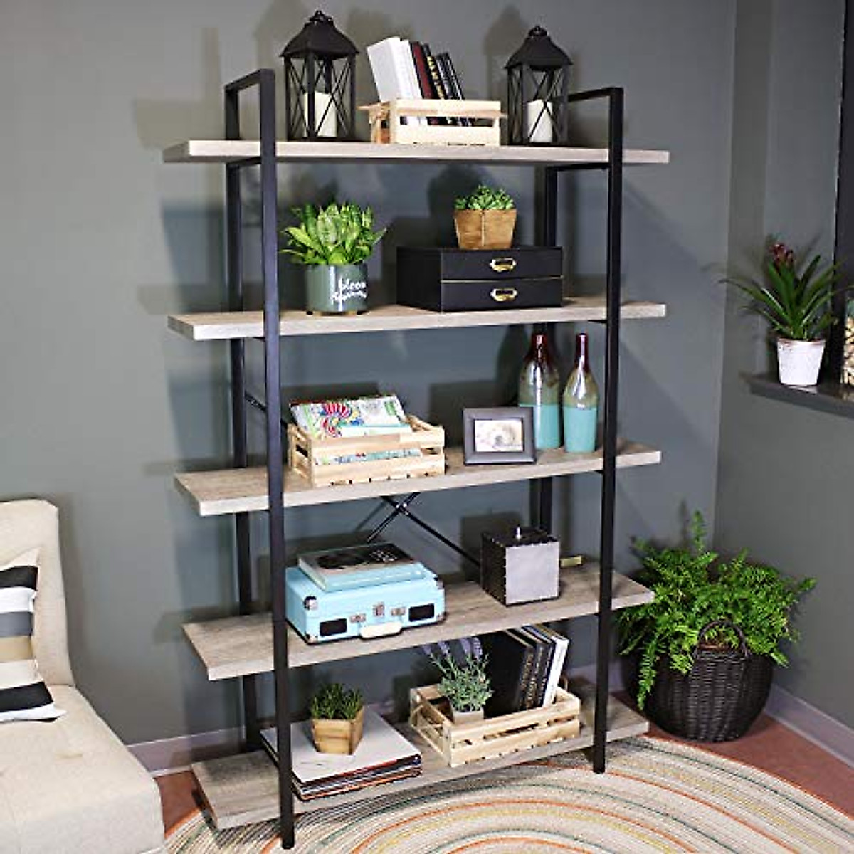 Sunnydaze 5-Tier Bookshelf - Industrial Style with Freestanding Open Shelves with Veneer Finish - Holds Books, Media, Storage Cubes, DVDs and More - Oak Gray