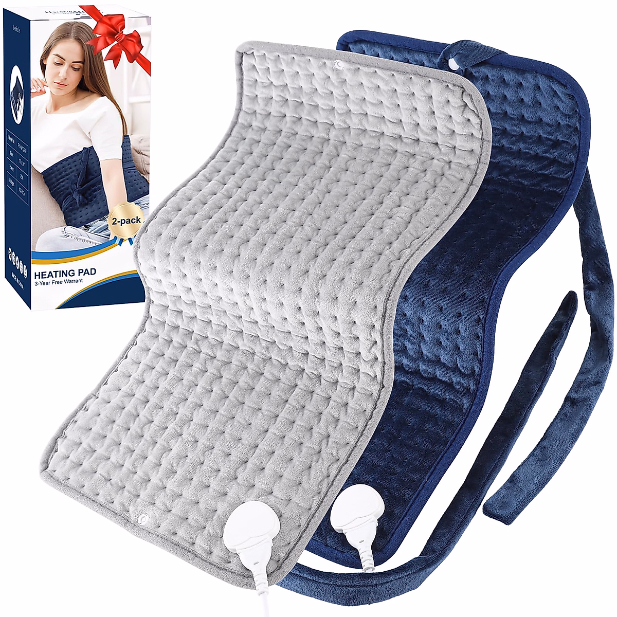 2 Pack XL Heating Pads for Back Pain & Cramps Relief,10 Heat Settings,Auto Shut Off,Moist Heat Pad for Neck and Shoulders,Electric Heat Pads for Knees,Legs,Gifts for Women & Men,Gray & Navy,12''x24''