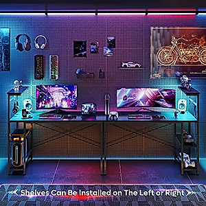 Bestier Gaming Desk with LED Lights, Computer Desk with 4 Tiers Reversible Shelves, 51.3 Inch Home Office Writing Desk with Side Storage Bag, Hooks and Height Adjustable Shelf (Black Grained)