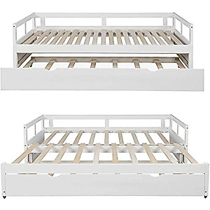 MERITLINE Daybed with Trundle,Twin to King Trundle Bed Extendable Design, Wooden Daybed/Sofa Bed for Bedroom Living Room,No Box Spring Needed,White