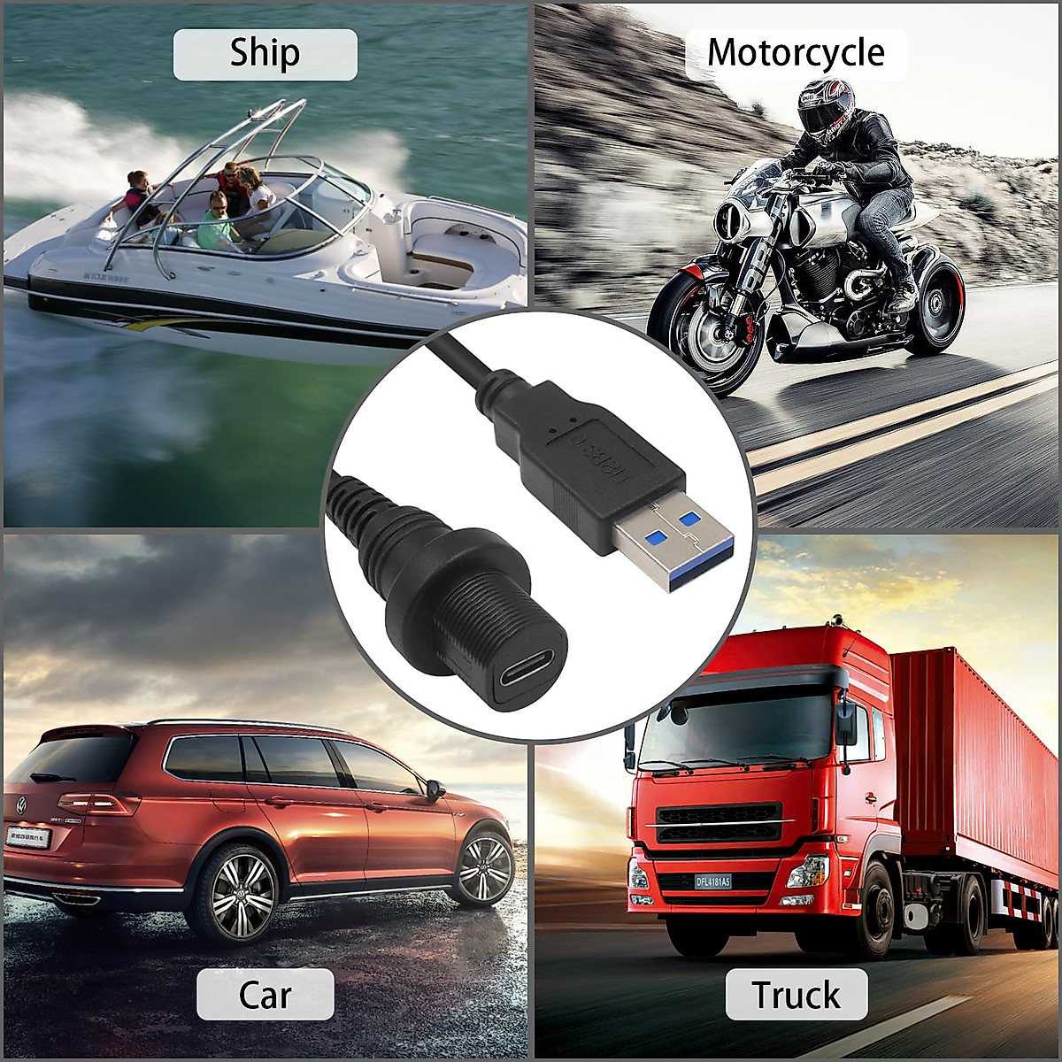 Duttek USB Type C to USB3.0 Panel Flush Waterproof Cable, USB 3.0 Male to Type C 3.0 Female Car Mount Dash Flush Waterproof Extension Cable for Car, Boat, Motorcycle