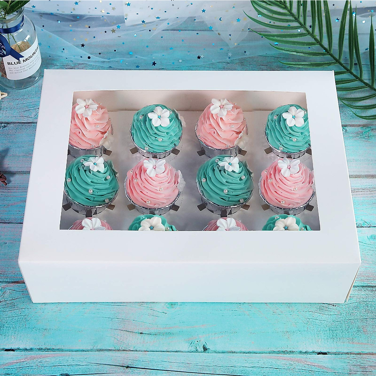 ONE MORE 15-Pack White Cupcake Boxes 12 Holders Cake Carrier Food Grade Pop-up Bakery Boxes 13.8 x 9.5 x 4inch with Inserts and PVC Windows Fits 12 Cavity Cupcake Pack of 15