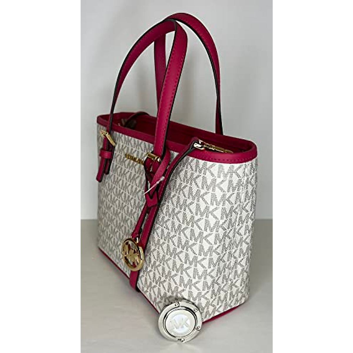 Michael Kors Jet Set Travel XS Carryall Convertible Top Zip Tote bundled with SM TZ Coinpouch and Purse Hook (Carmine Pink MK Multi)