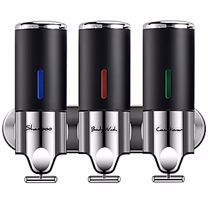 Shampoo and Conditioner Dispenser, Shower Soap Dispenser 3 Chamber No Drill for Shower Wall Mounted（Black）